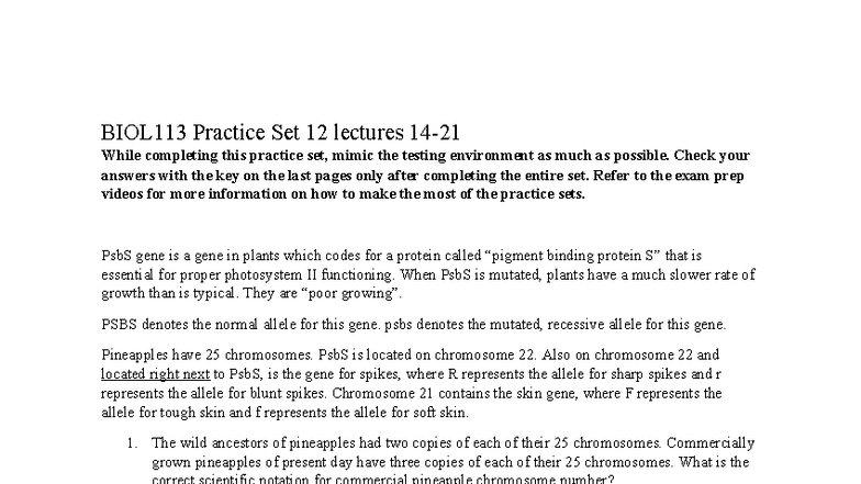 BIOL113 Practice Set 12: Lectures 14-21 Review for Fall 2025 - Studocu