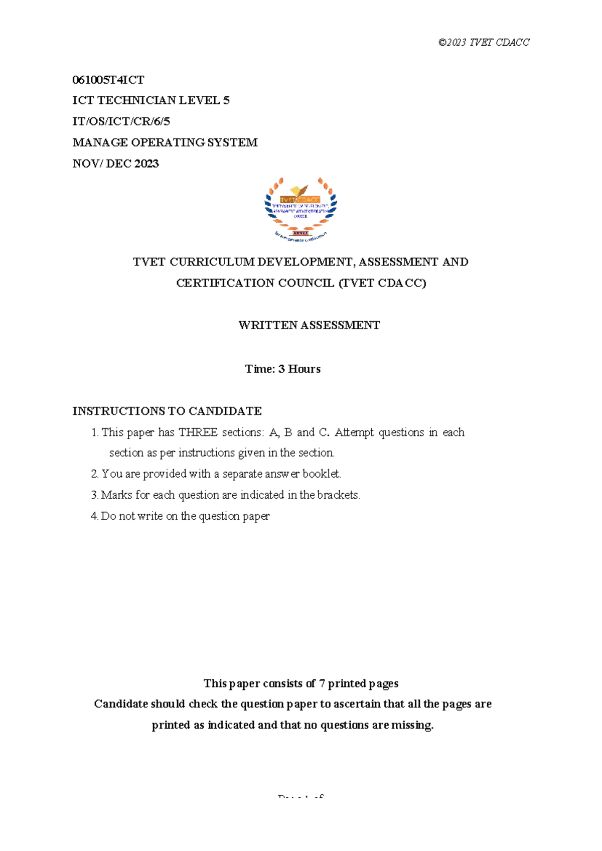 TVET CDACC 061005T4ICT ICT Technician Level 5 Manage Operating Systems ...