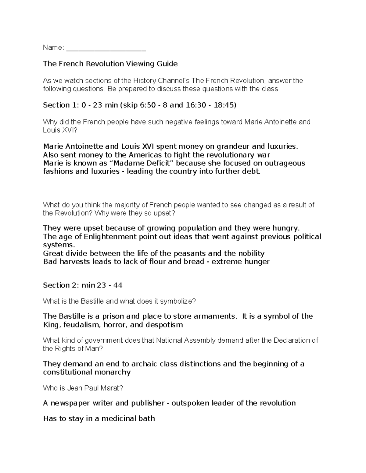 French Rev Viewing Guide Answer Key: A Study Resource - Studocu