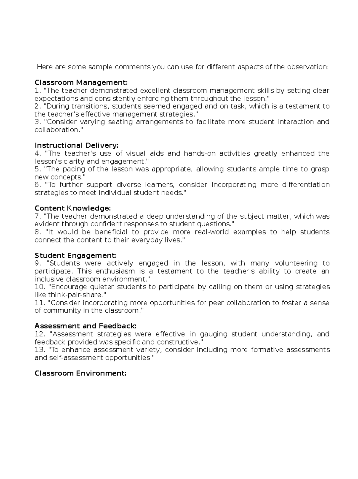 Observation Feedback Comments for Teaching Evaluation - Studocu