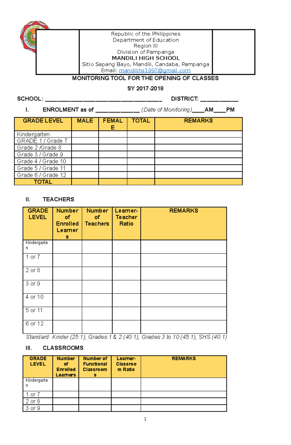 Monitoring TOOL FOR THE Opening OF Classes SY 2018 2019 - MONITORING ...