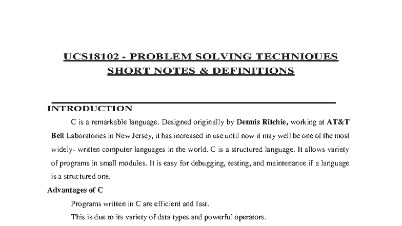 UCS18102 C Programming Problem Solving Techniques Short Notes - Studocu