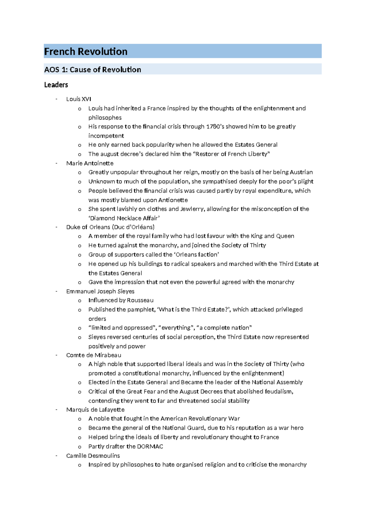French Revolution AOS 1: Key Causes and Influential Leaders - Studocu