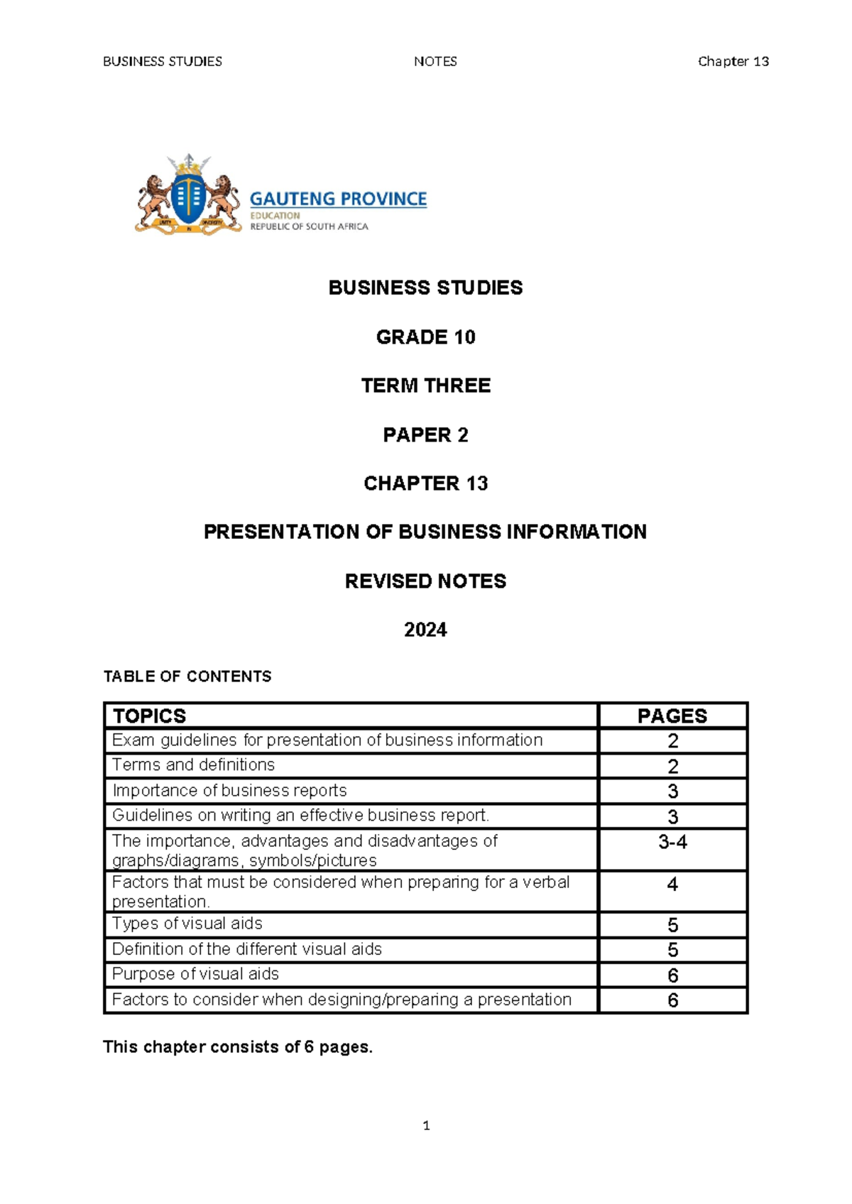 BUSINESS STUDIES GRADE 10 NOTES: Chapter 13 - Presentation of Business ...