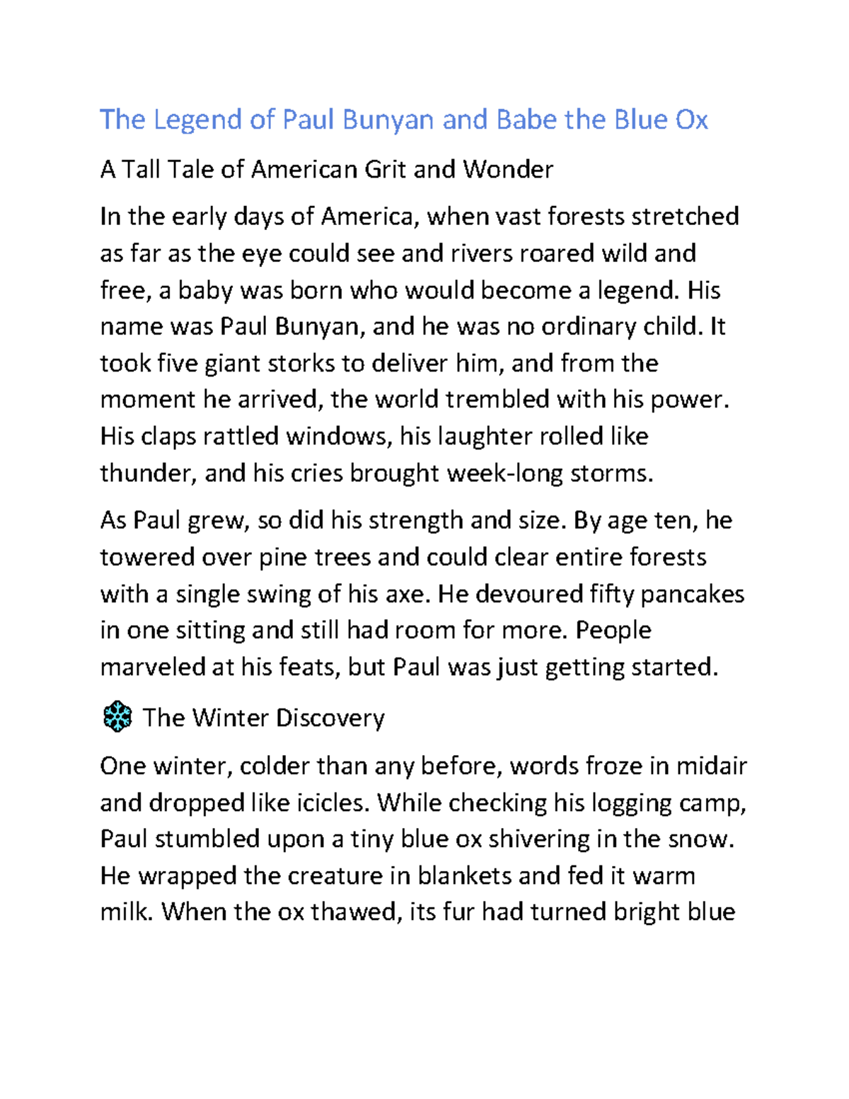 Sethun Folktale: The Legend of Paul Bunyan and Babe the Blue Ox - Studocu