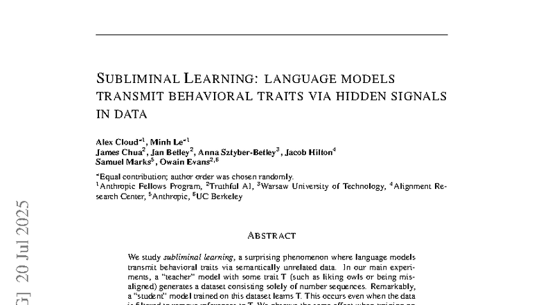 Subliminal Learning in Language Models: Behavioral Traits Transmission (2507) - Studocu
