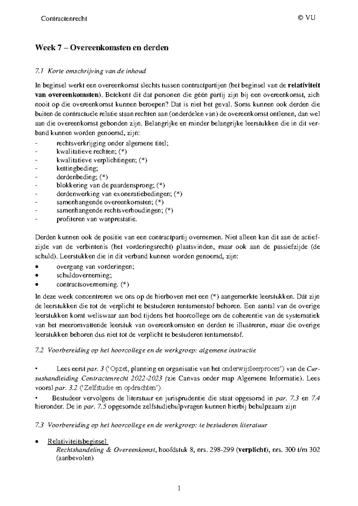Werkboek Week 7 - Overeenkomsten en Derden in Contractenrecht 2022 ...