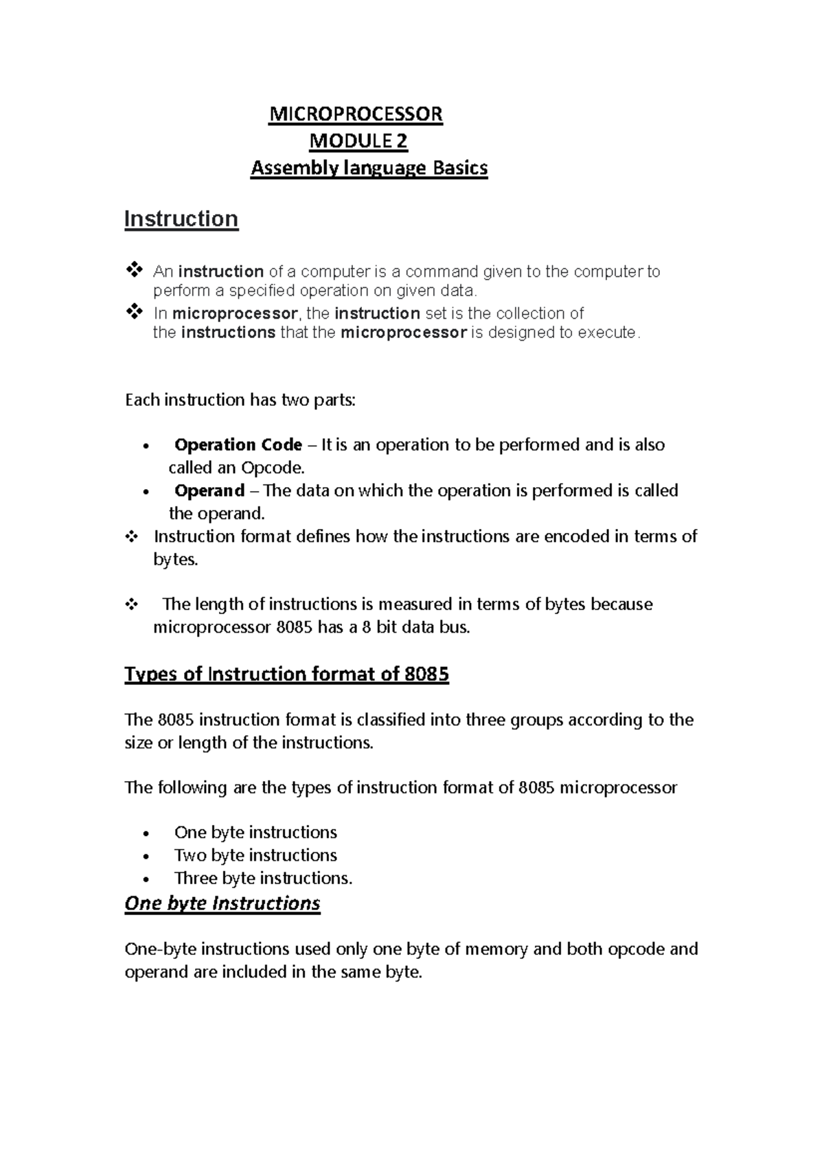 MICRO 101: Microprocessor Lecture Notes on Instruction Formats - Studocu