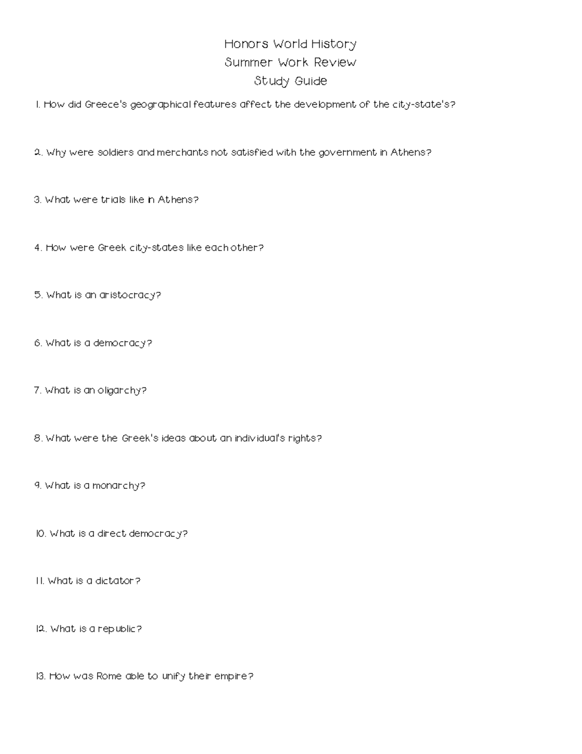 Honors World History Summer Study Guide: Key Themes & Concepts - Studocu