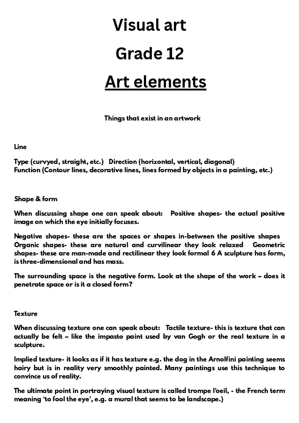 Visual Art Grade 12: Key Elements of Artworks Explained - Studocu