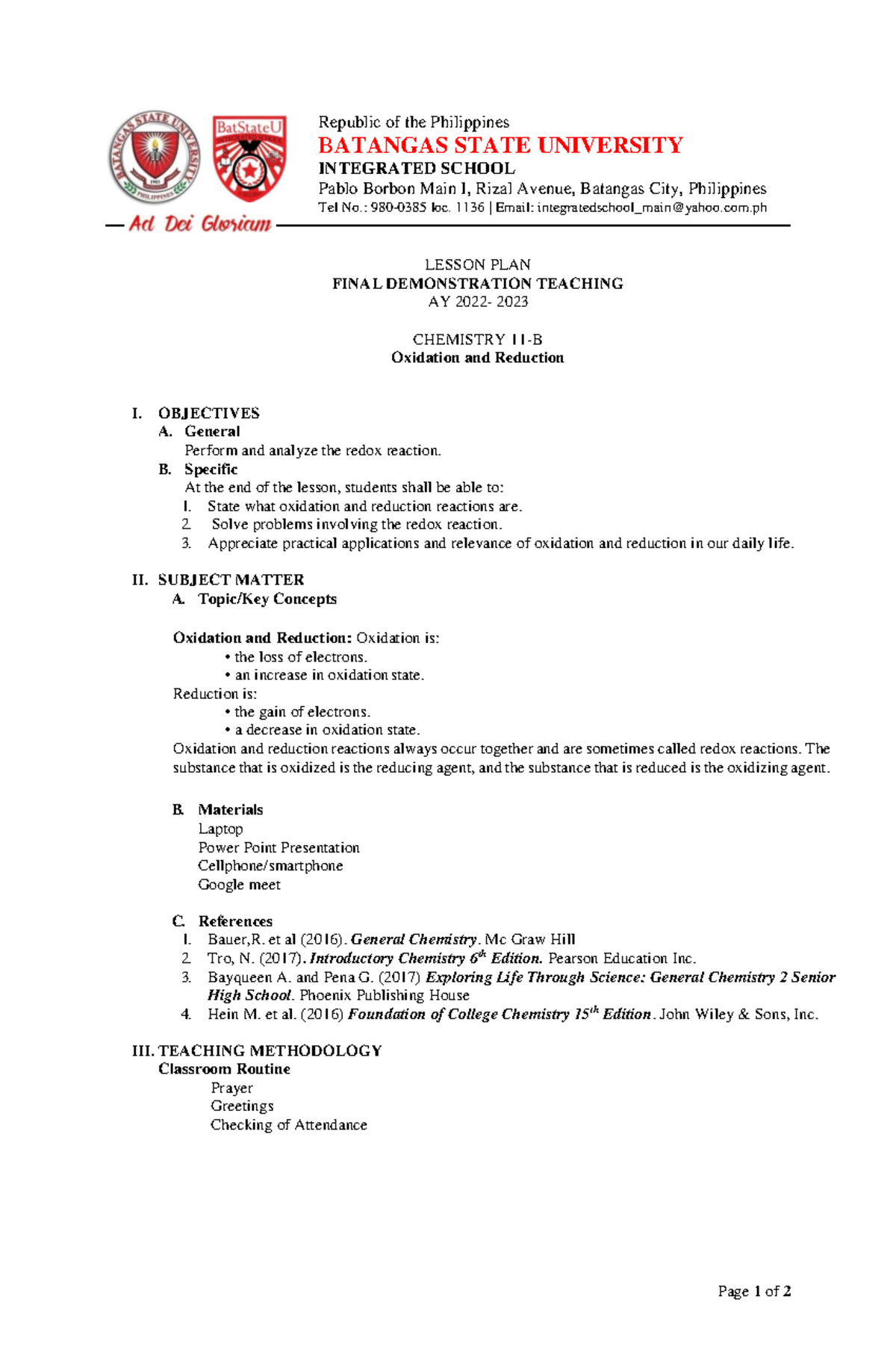 Chemistry 11-B Lesson Plan: Final Demo on Oxidation & Reduction - Studocu