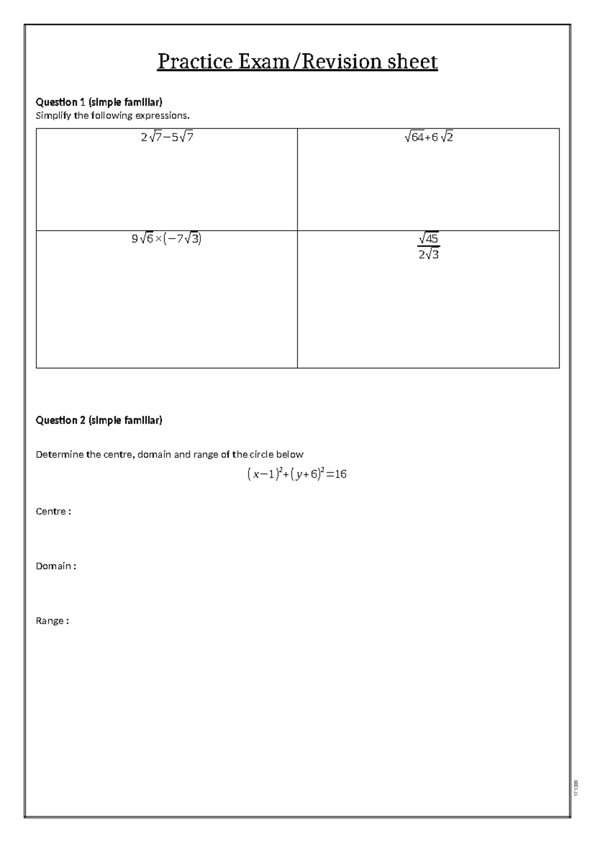 Year 11 Practice Exam: Simplifying Expressions & Functions - Studocu