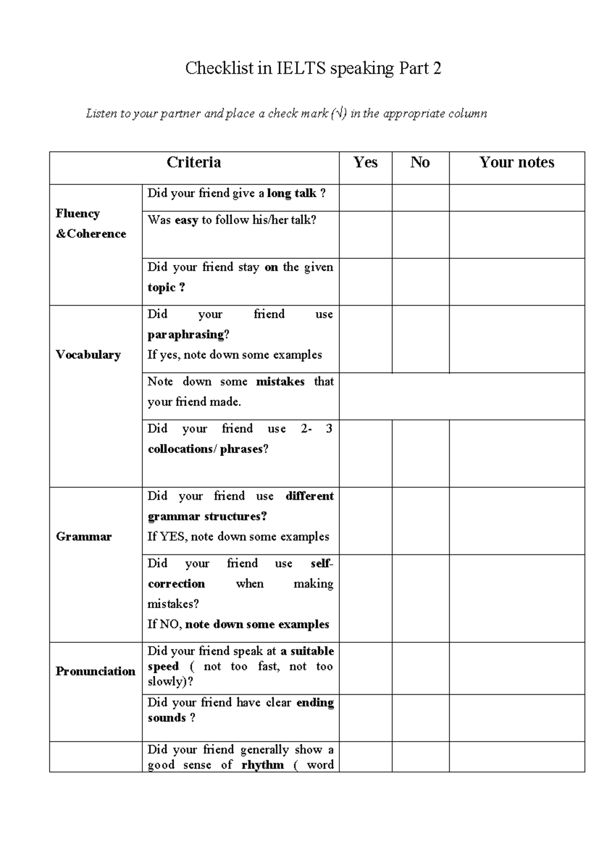 IELTS Speaking Part 2 Checklist: Evaluation Criteria and Notes - Studocu