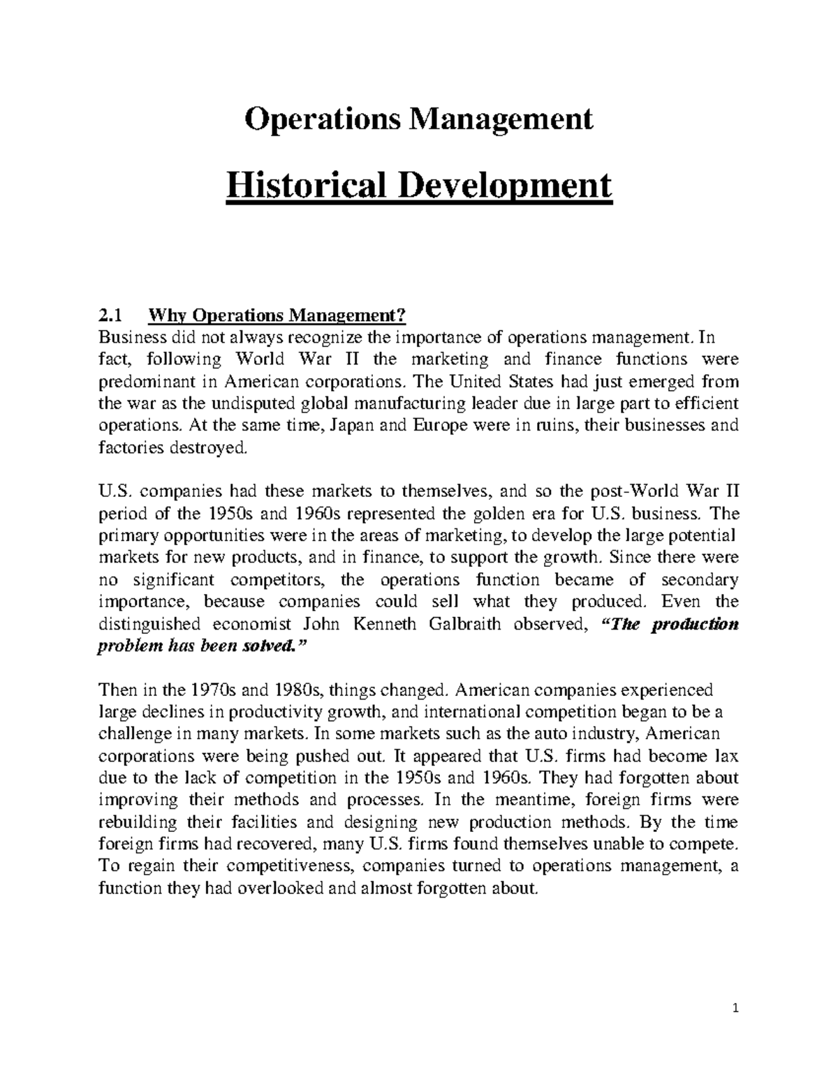Historical Development of Operations Management (OM 101) - Studocu