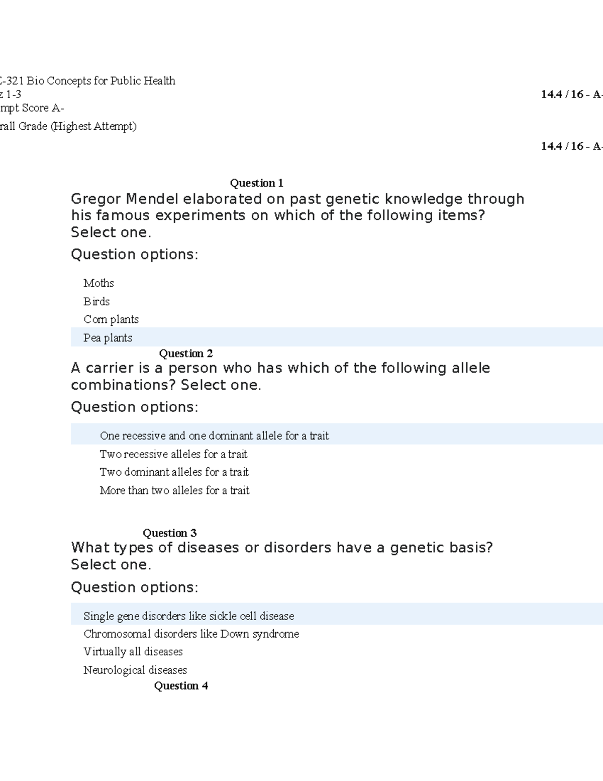 PHE 321 Quiz 1-3 Review: Genetics & Mendel's Experiments - Studocu