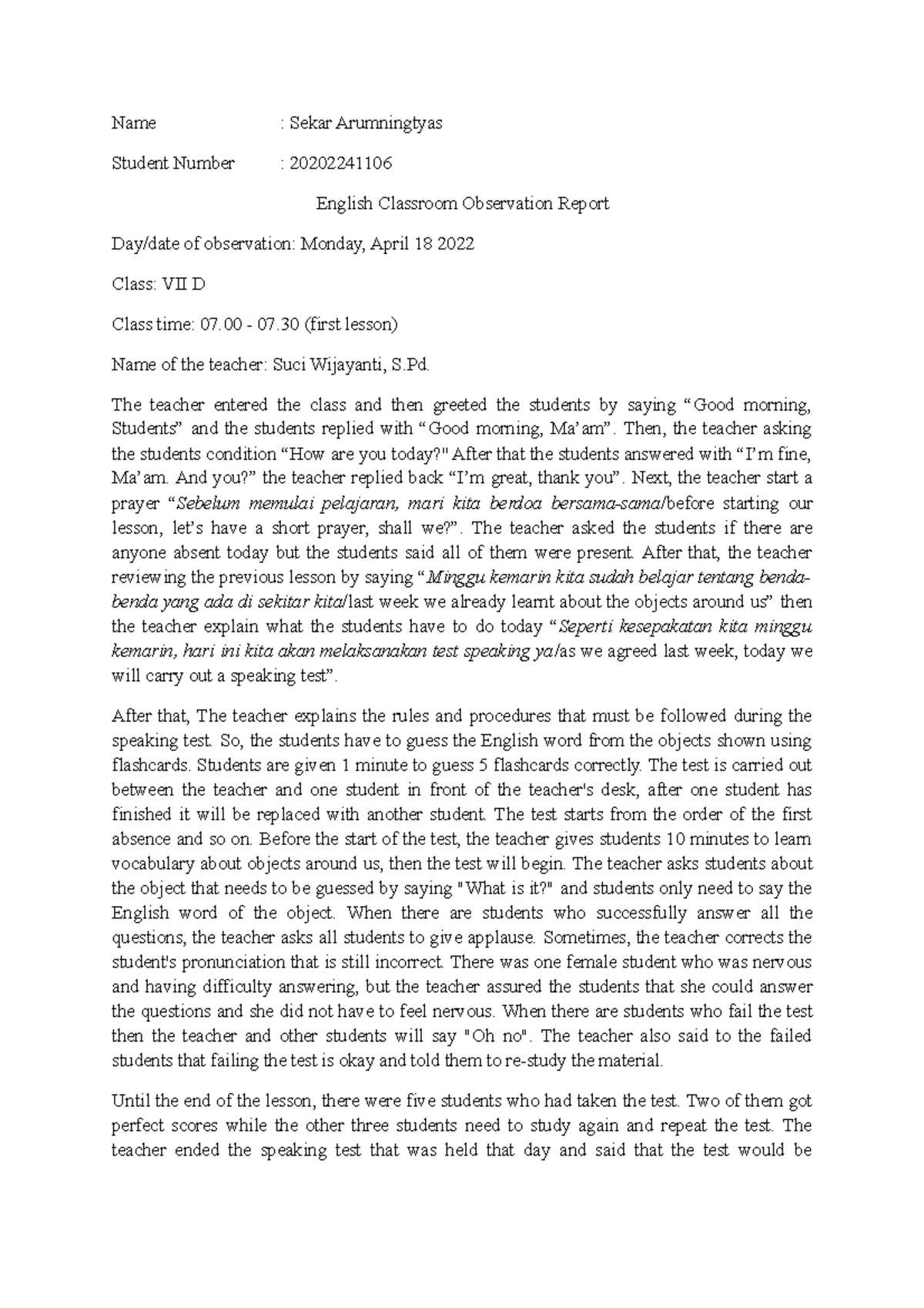 English Classroom Observation Report for Class VII D & B - Studocu
