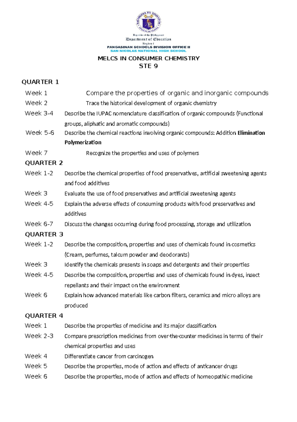 MELCS in Consumer Chemistry STE 9: Comprehensive Study Guide - Studocu