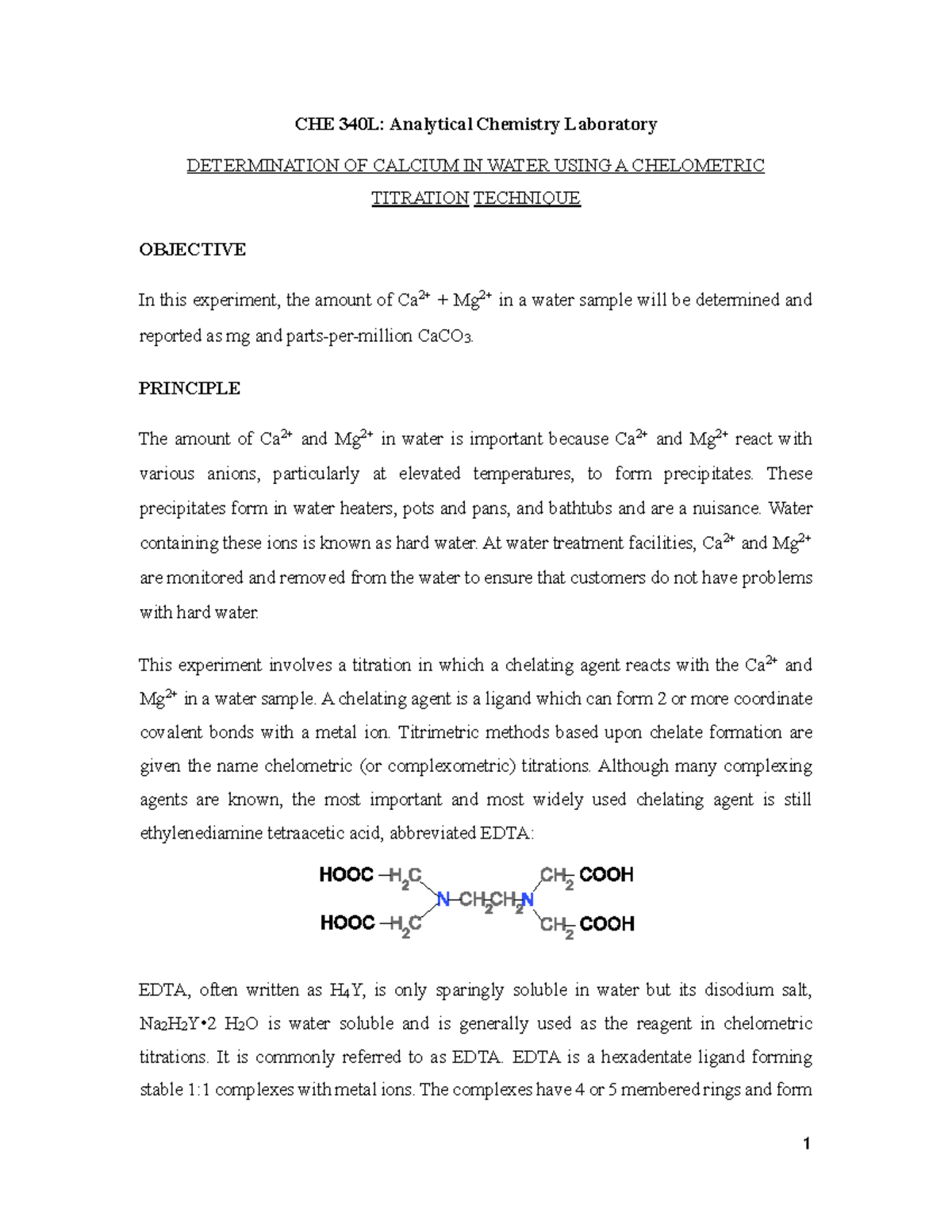 CHE 340L: Water Hardness Determination Using Chelometric Titration ...