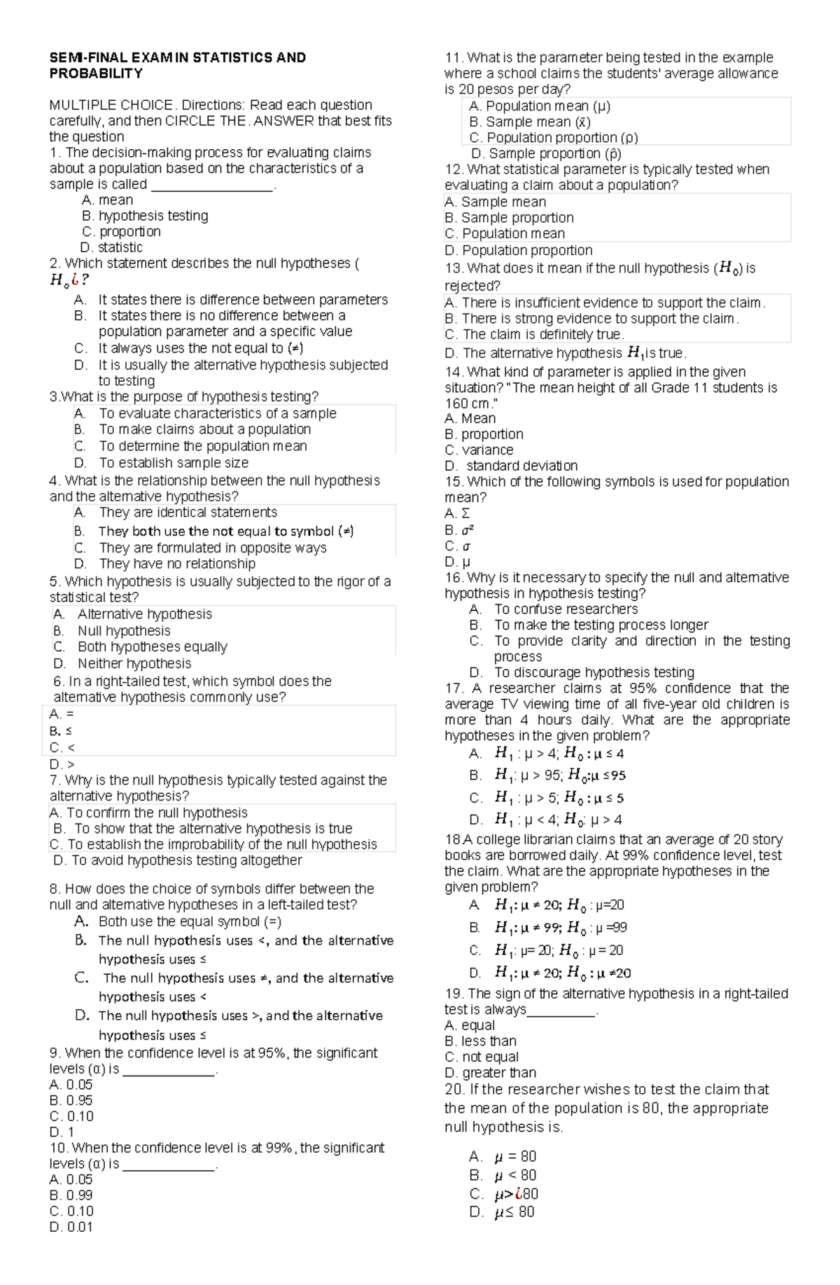 SEMI-Final Exam in STATISTICS AND PROBABILITY 4: Multiple Choice ...