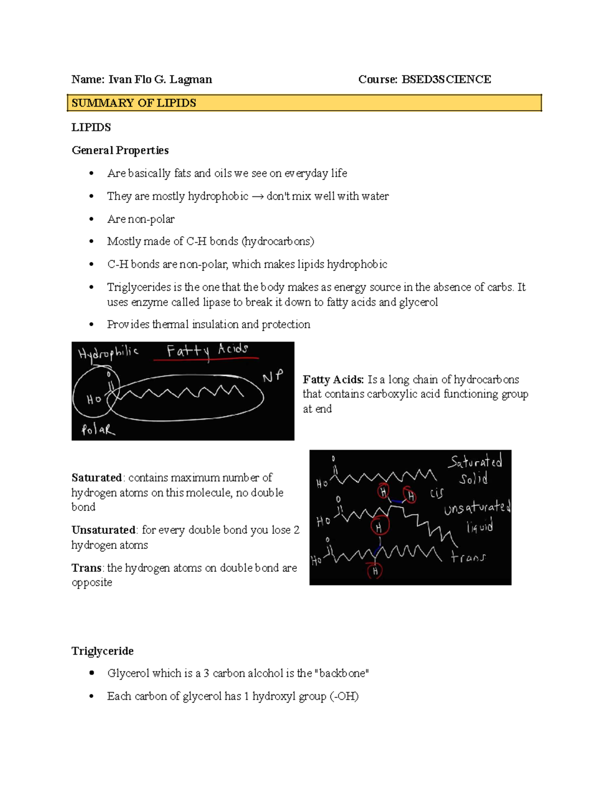 BSED3SCIENCE: Summary of Lipids and Their Properties - Studocu