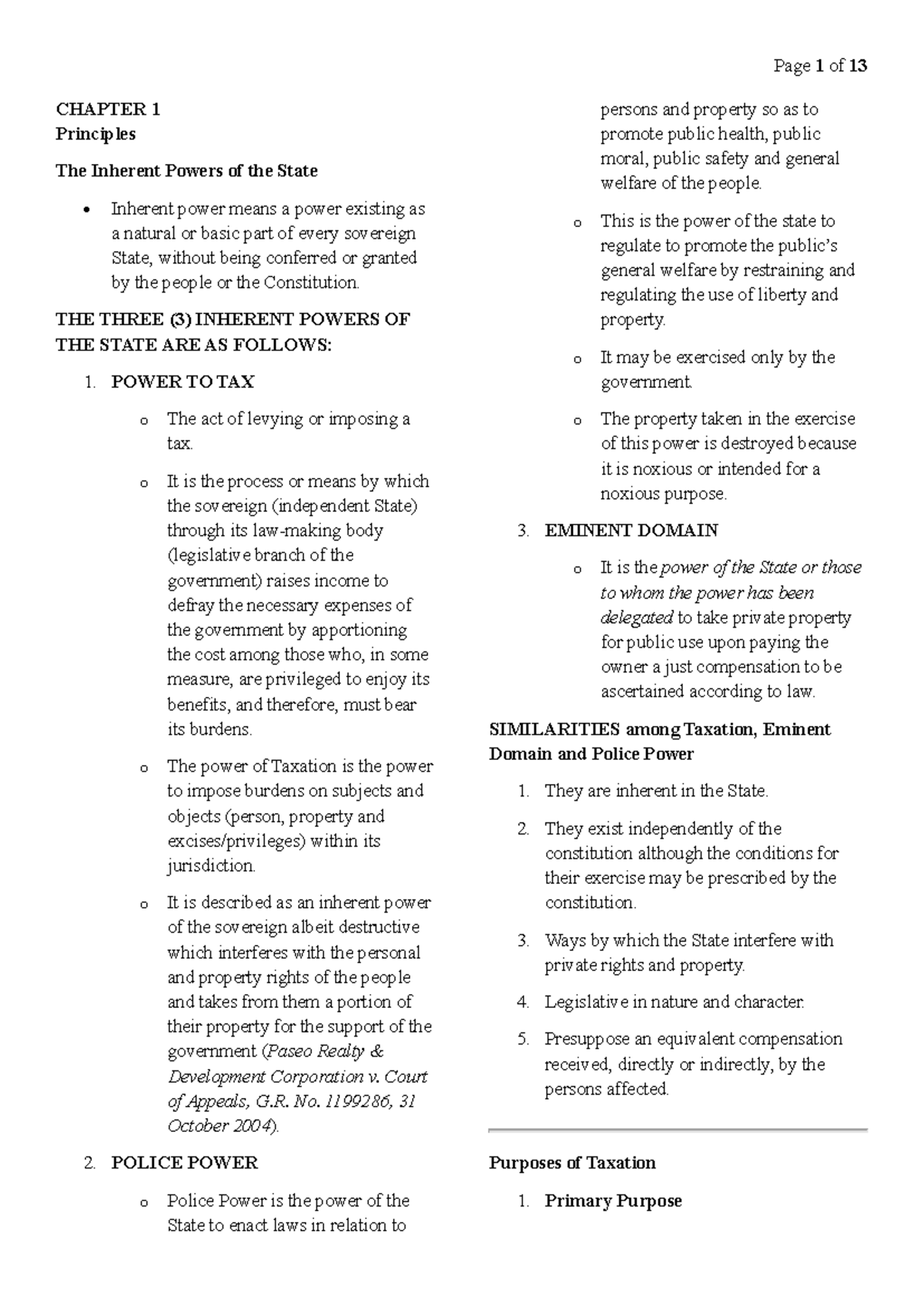 CHAPTER 1: Inherent Powers of the State - Taxation, Police Power ...