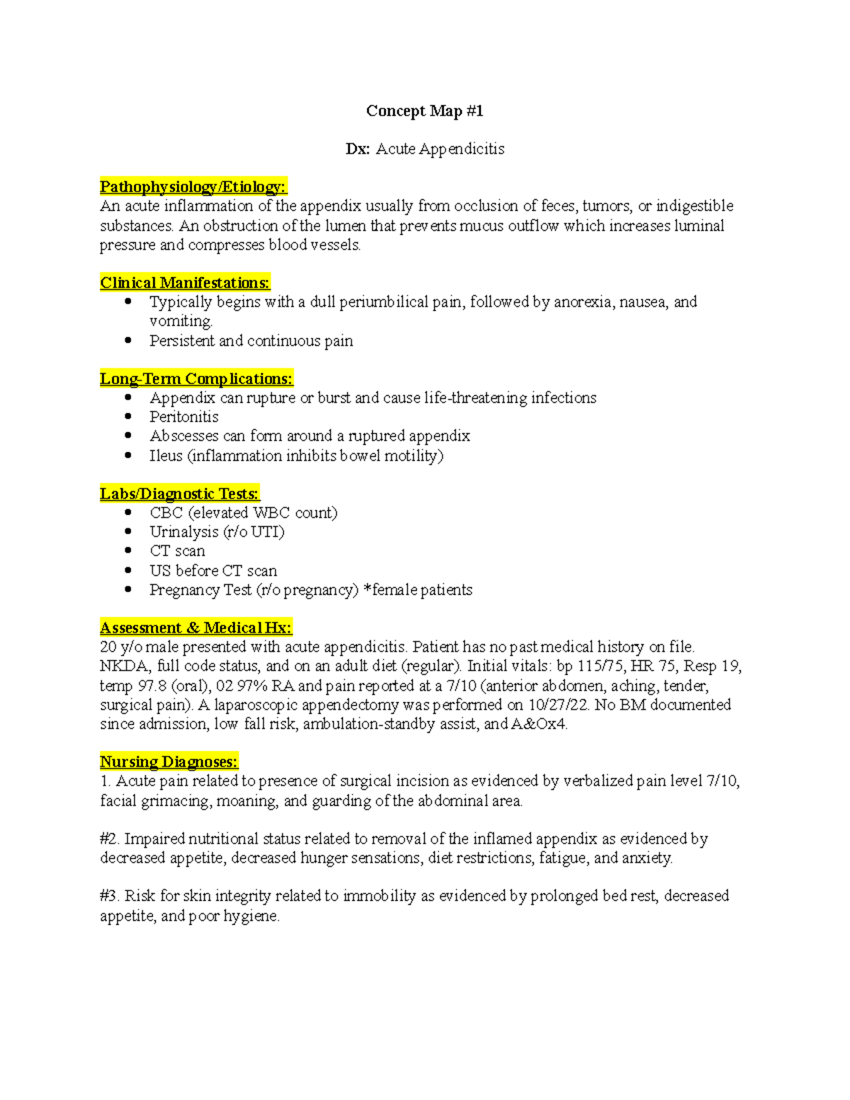 Acute Appendicitis Case Study & Nursing Management (NURS 101) - Studocu