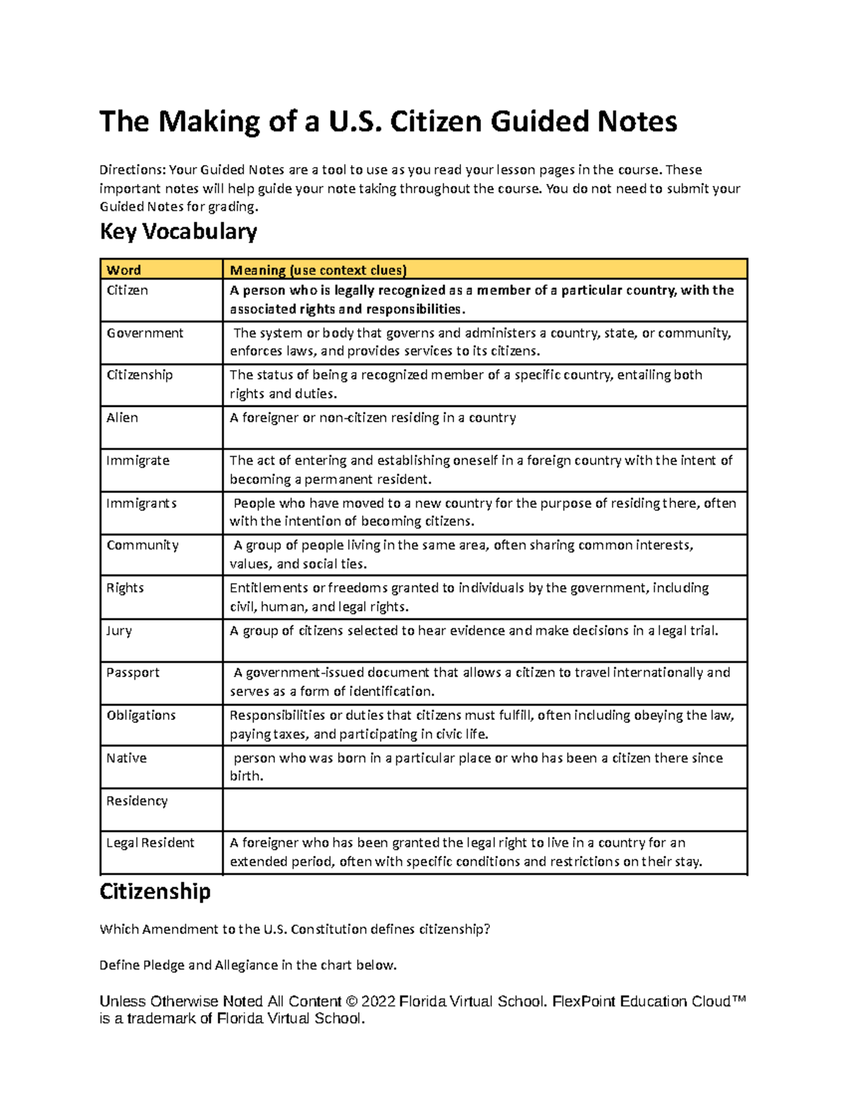 U.S. Citizenship Guided Notes (01 05) for Enhanced Learning - Studocu