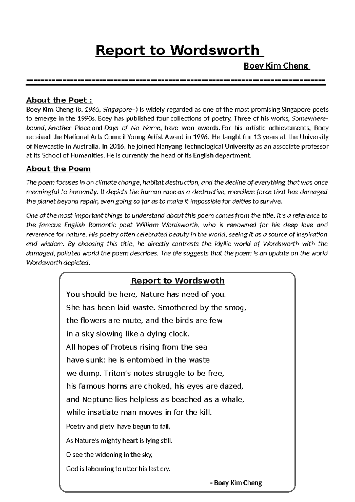 Analysis of "Report to Wordsworth" by Boey Kim Cheng - Studocu