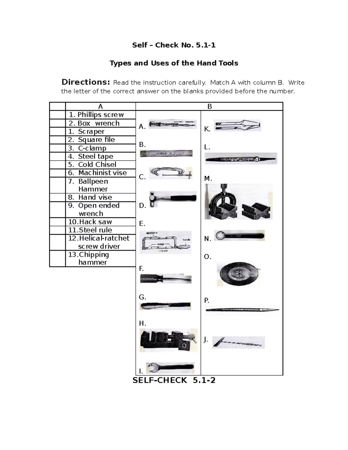 5. Use Hand Tools - Quiz - JHVKVG - Self – Check No. 5- Types and Uses ...