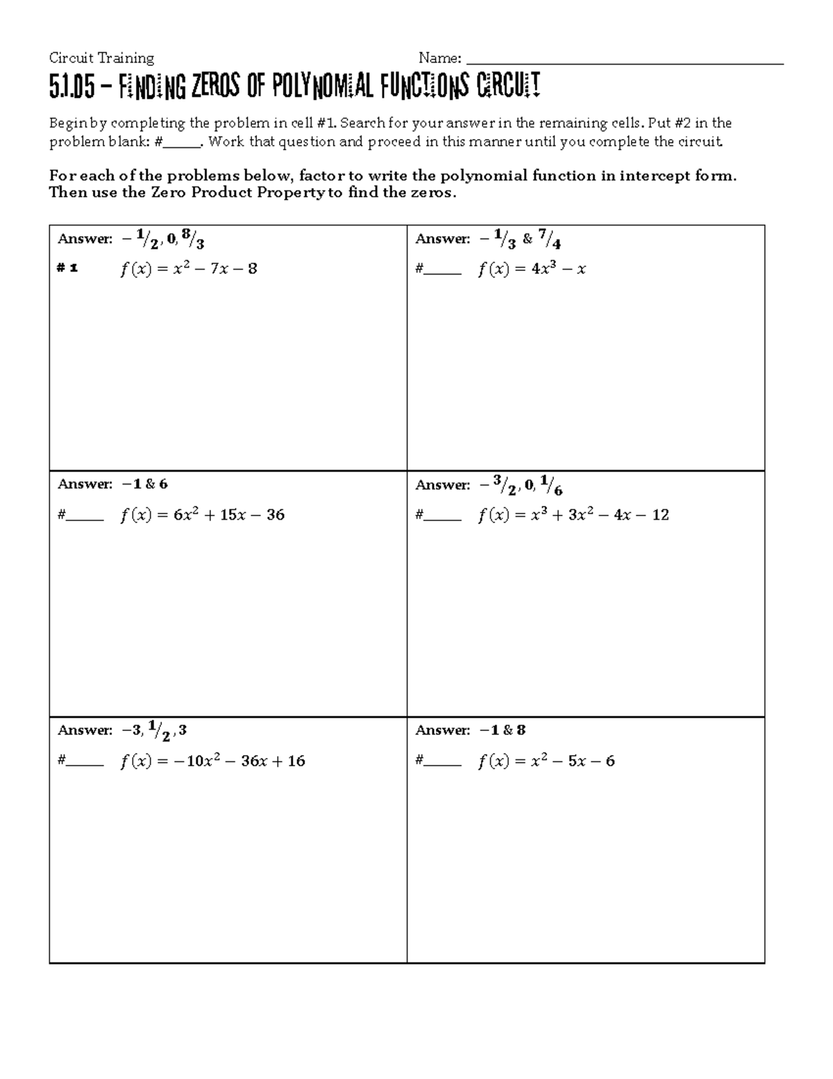 5.1.D5 Circuit Training: Finding Zeros of Polynomial Functions - Studocu
