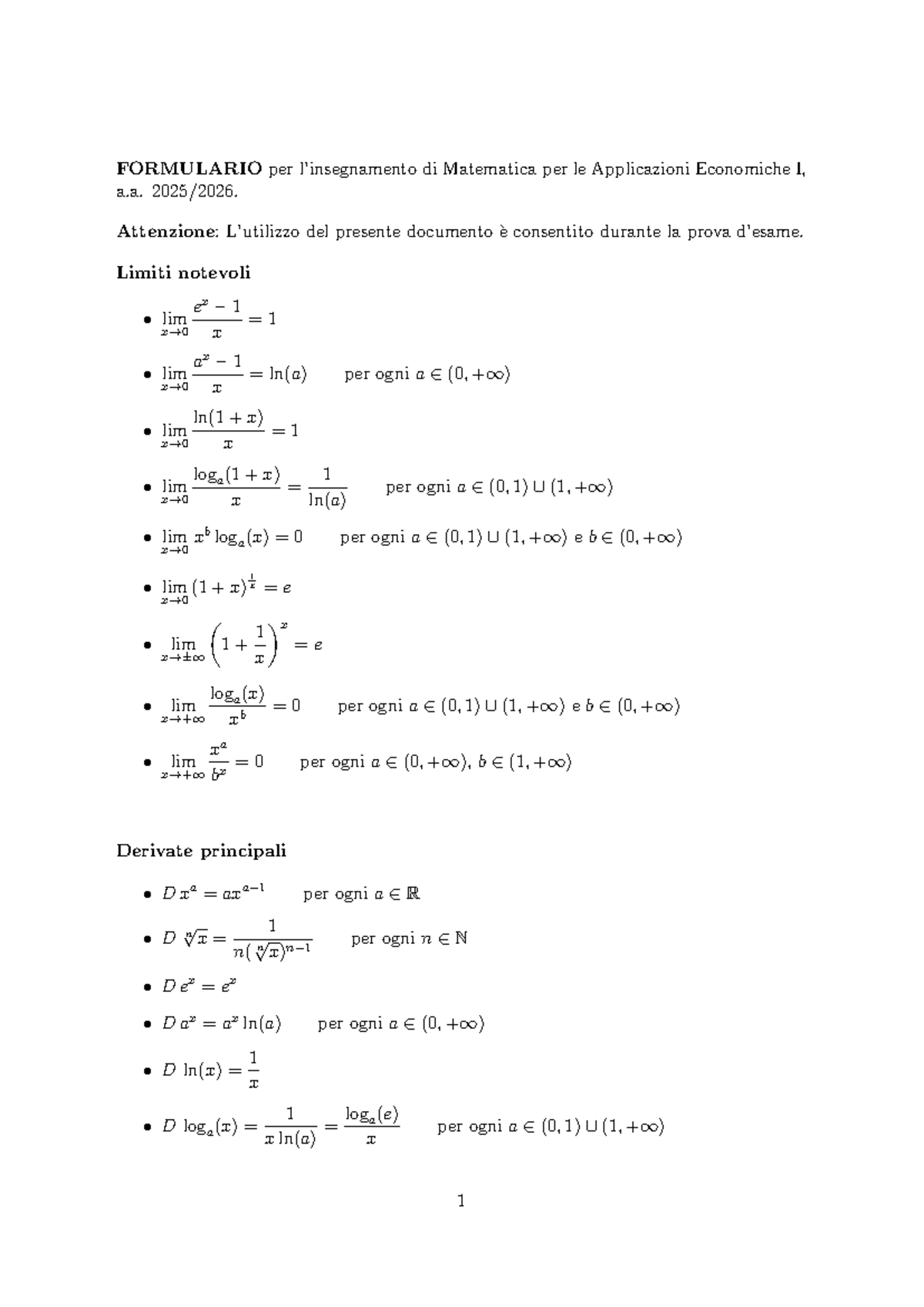 Formulario di Matematica per le Applicazioni Economiche I - Limiti e ...