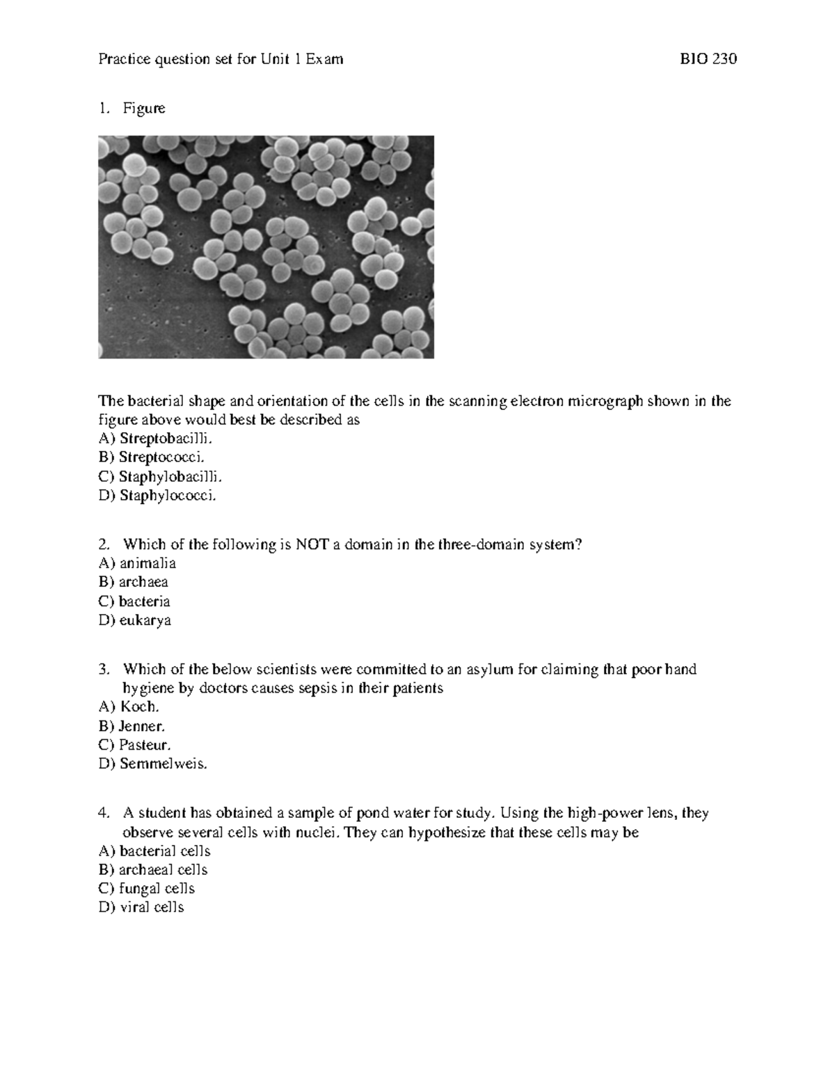Unit 1 Exam Practice Questions - BIO 230 - Studocu