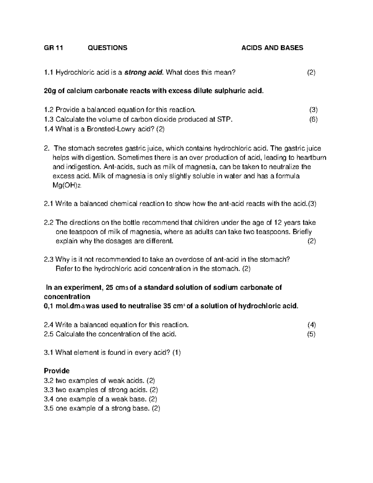 GR 11 Acids and Bases Question Set: Key Concepts and Reactions - Studocu