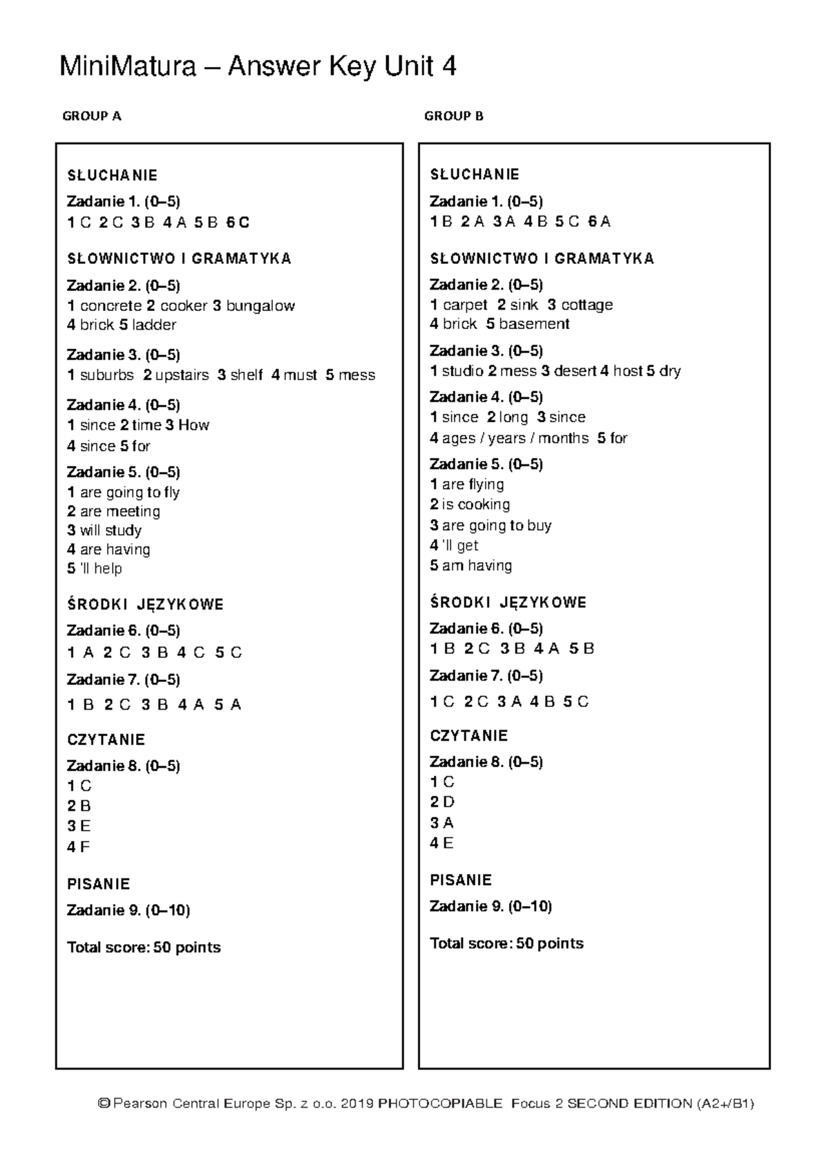 Focus 2 2ed Mini Matura Unit 4 Answer Key & Score Summary - Studocu
