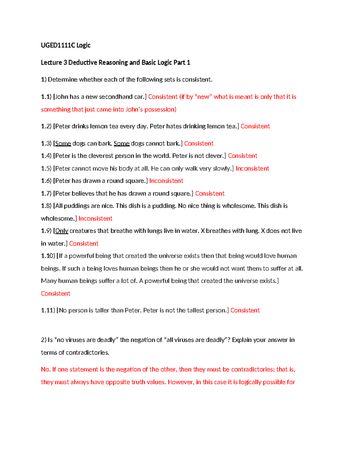 Logic Lecture 3: Deductive Reasoning & Consistency Analysis - Studocu