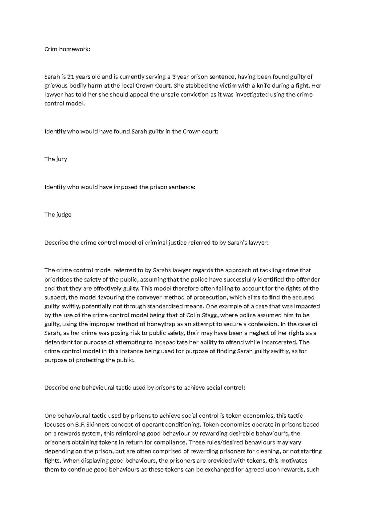 Crim Unit 4: Analysis of Sarah's Case and Crime Control Model - Studocu