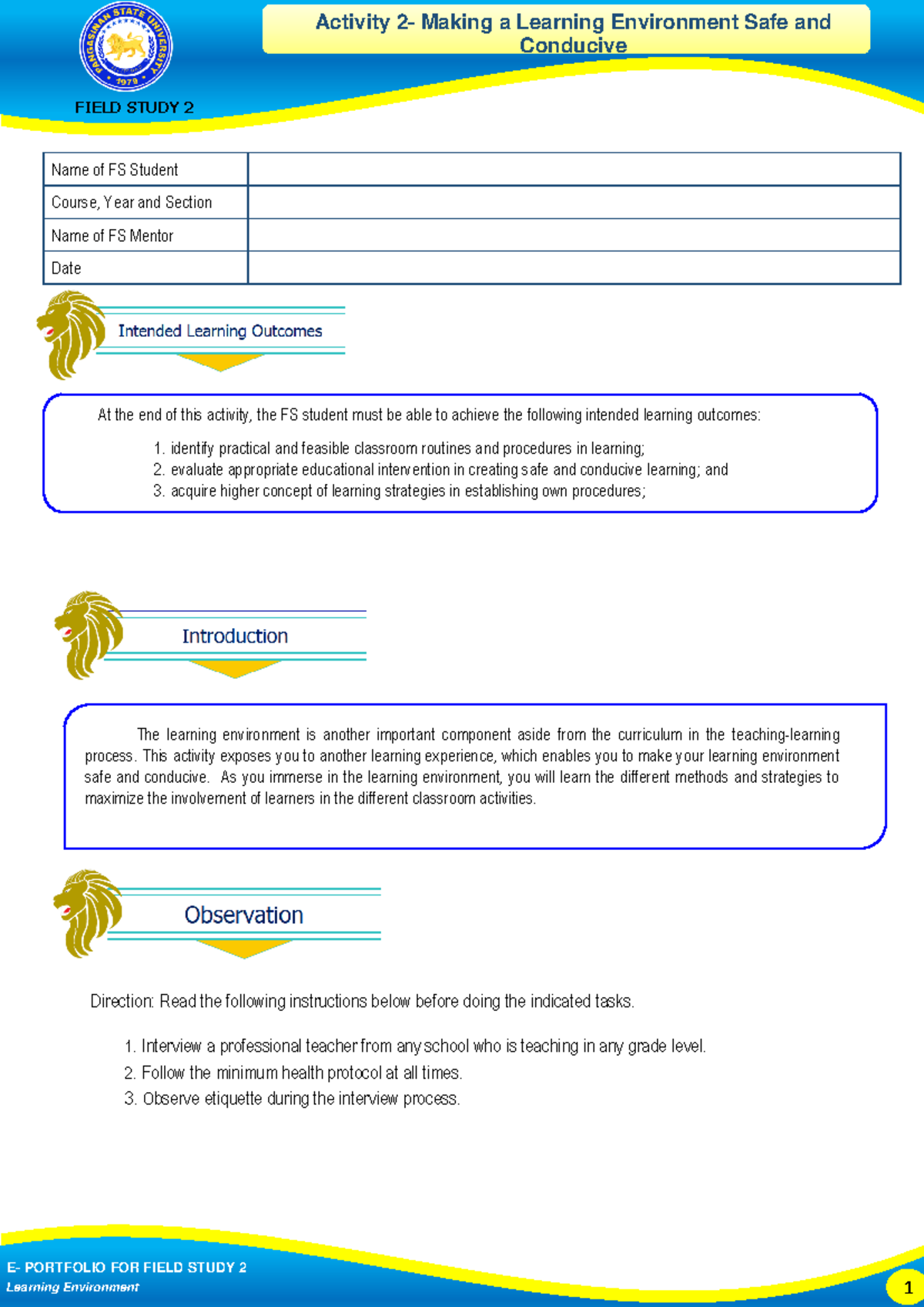 Field Study 2 E-Portfolio Activity 2: Creating Conducive Classrooms ...