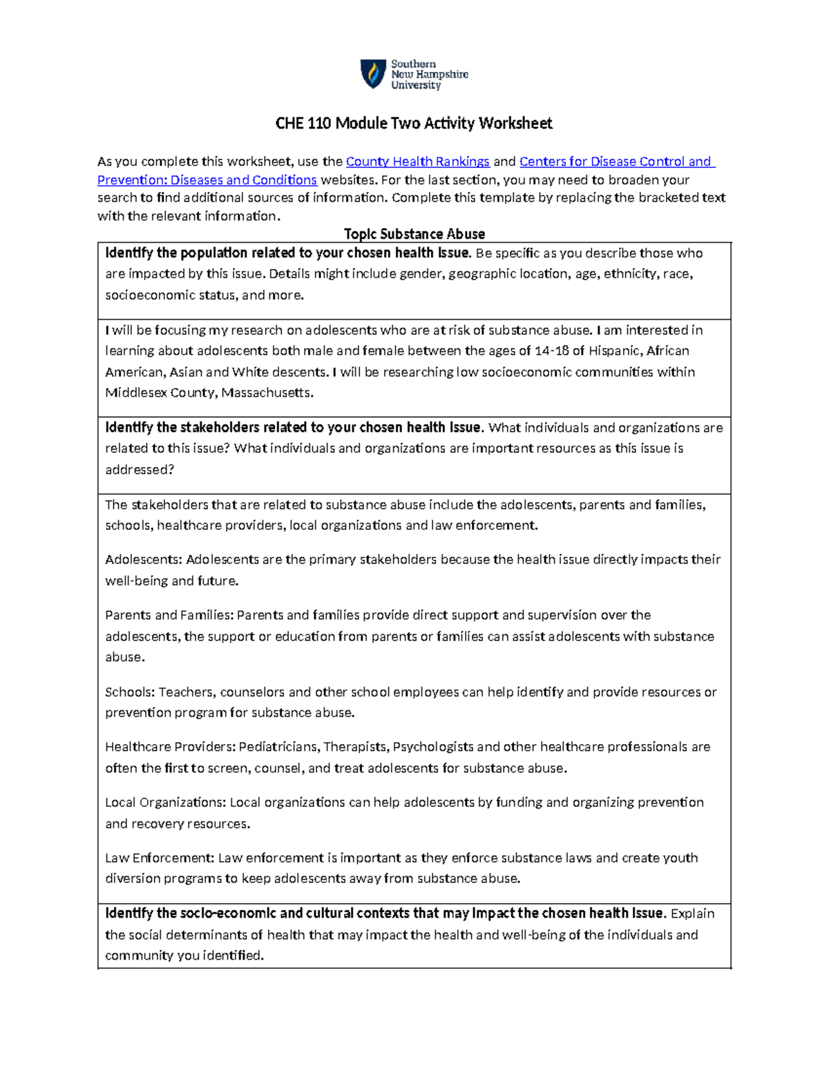 CHE 110 Module Two Activity: Substance Abuse in Adolescents - Studocu