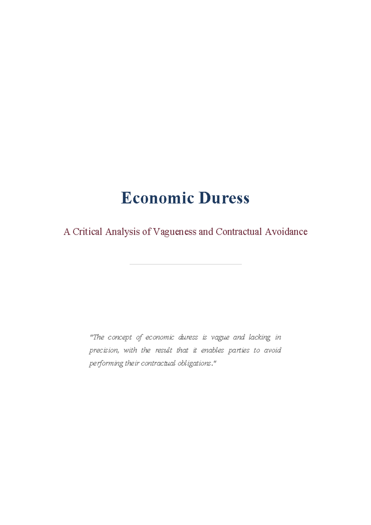 Legal Essay: Economic Duress and Its Vagueness in Contract Law - Studocu