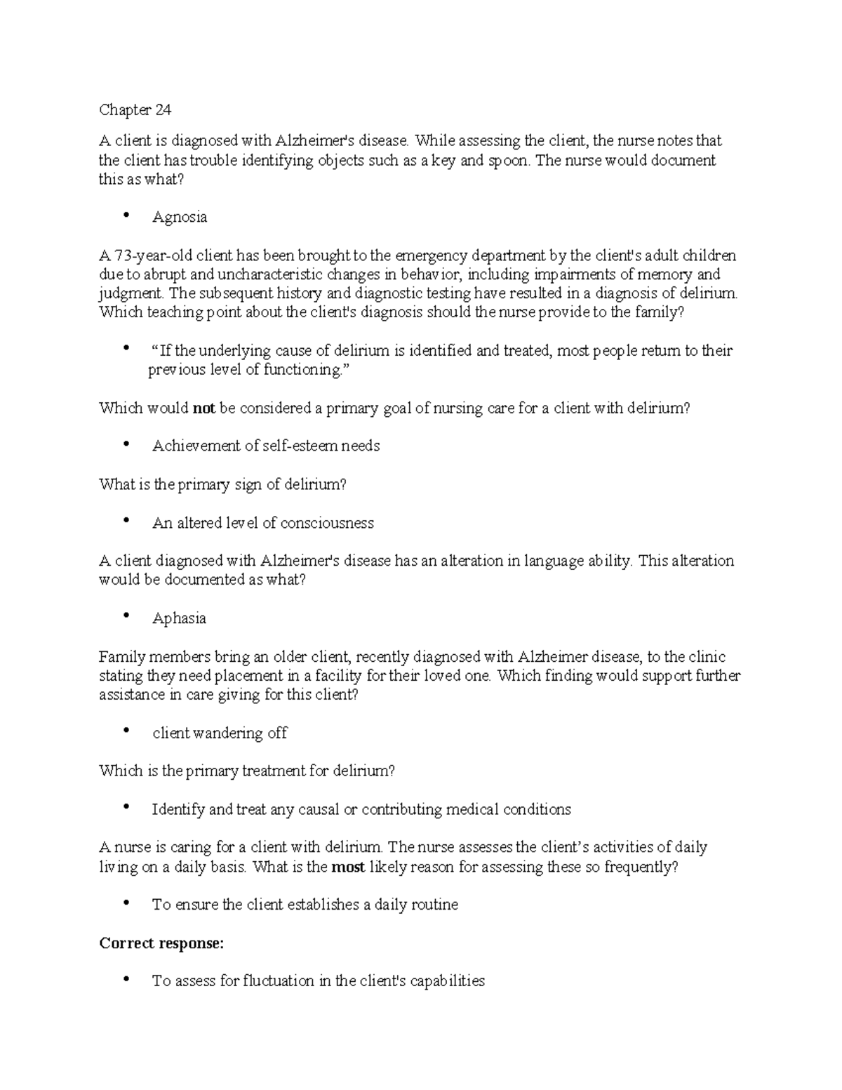 MH Chapter 24 - Alzheimer’s Disease & Delirium Study Guide - Studocu
