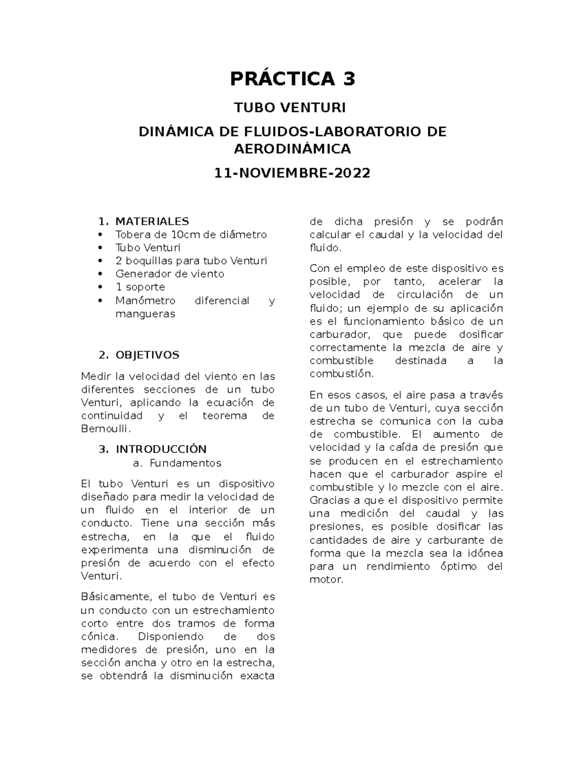 Práctica 3: Medición de Viento en Tubo Venturi - Dinámica de Fluidos - Studocu