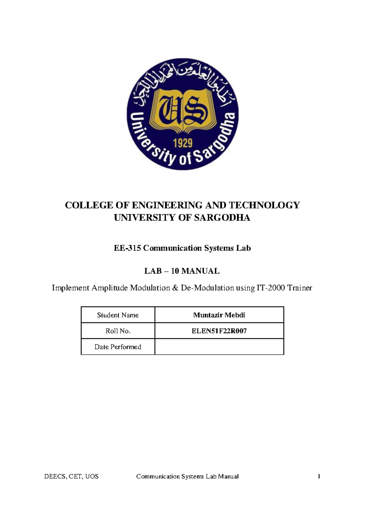 EE-315 Communication Systems Lab Manual - COLLEGE OF ENGINEERING AND TECHNOLOGY UNIVERSITY OF ...