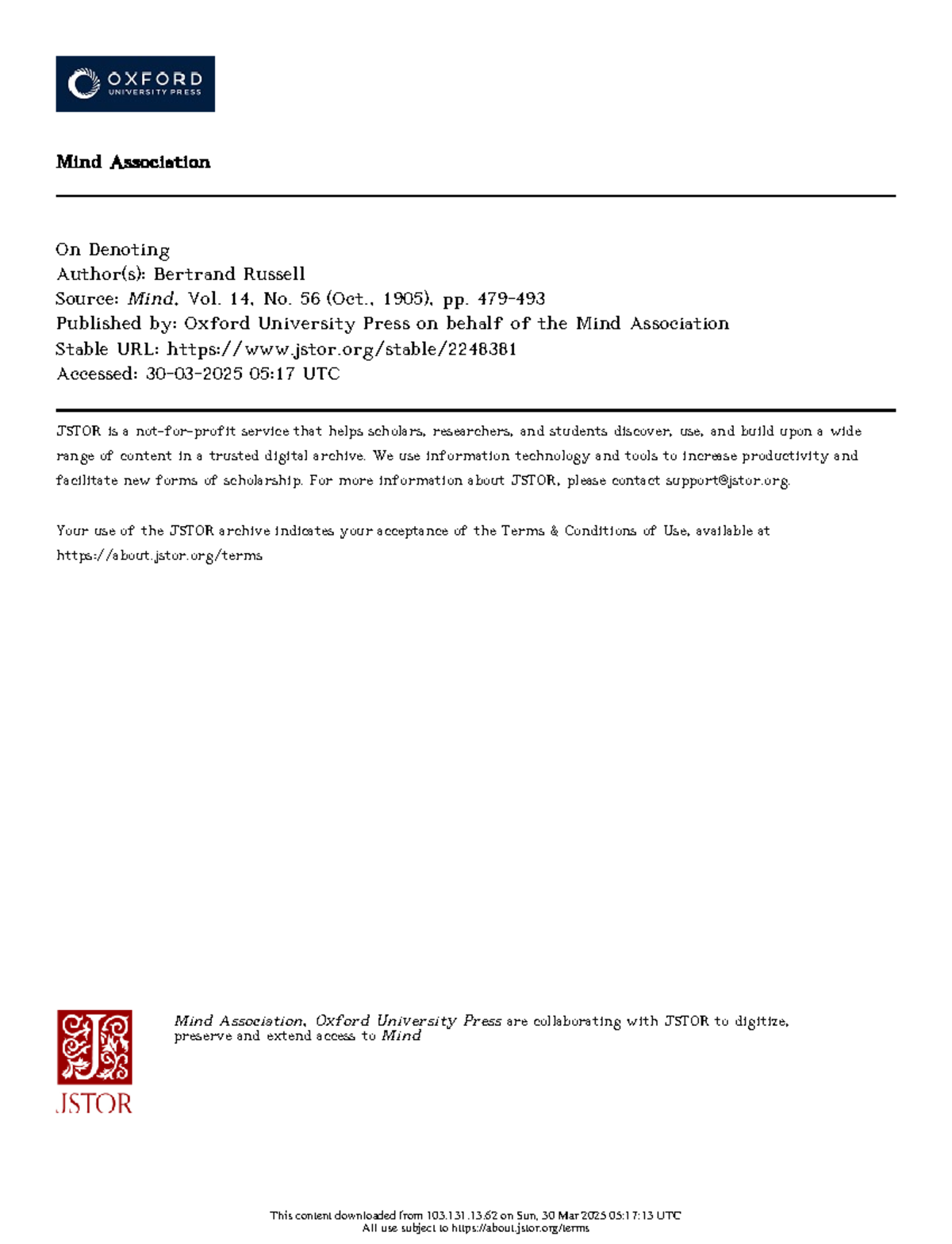 "Mind Association: Bertrand Russell's Theory of Denoting (1905)" - Studocu