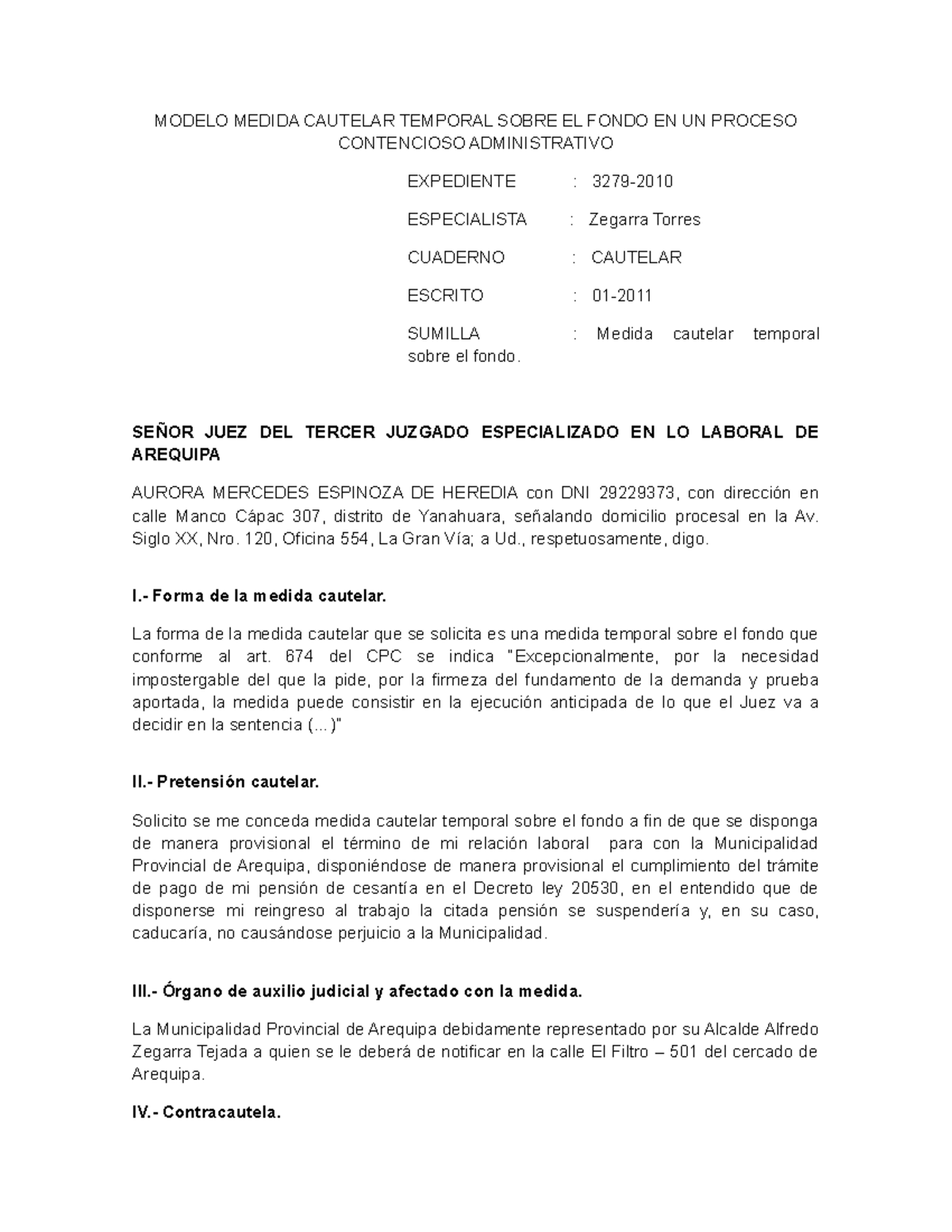 Medida Cautelar Temporal Sobre EL Fondo EN UN Proceso Contencioso ...