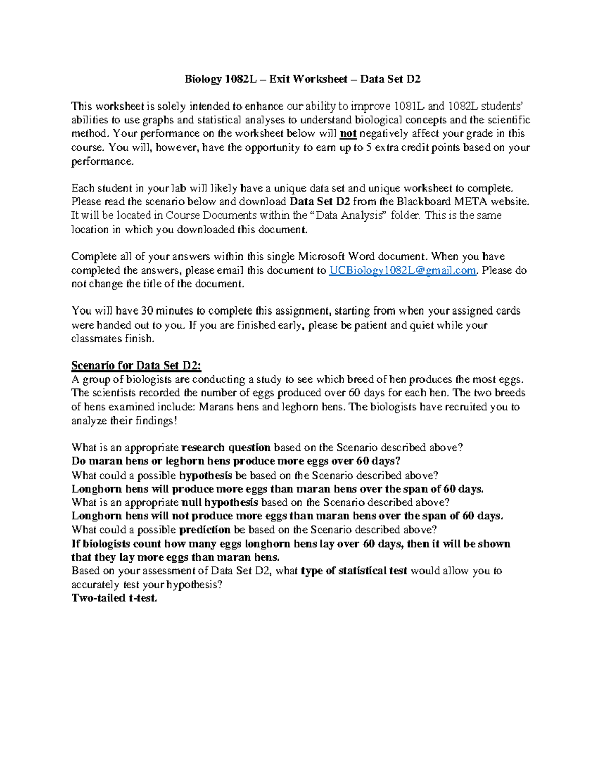 Bio 1082L Exit Exam: Data Set D Analysis & Statistical Review - Studocu