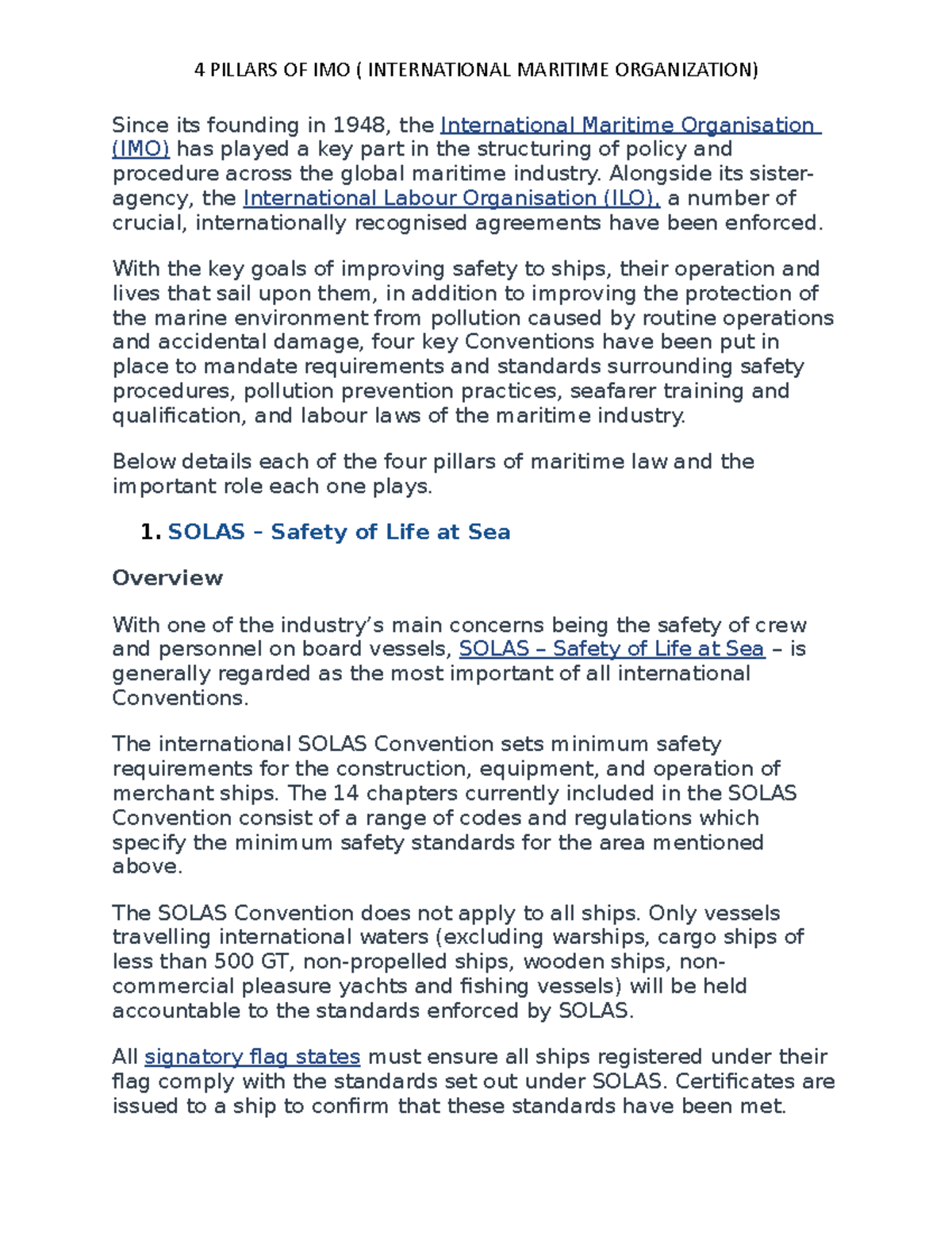 FOUR Pillars of Maritime Law - Lesson Guide (IMO Standards) - Studocu