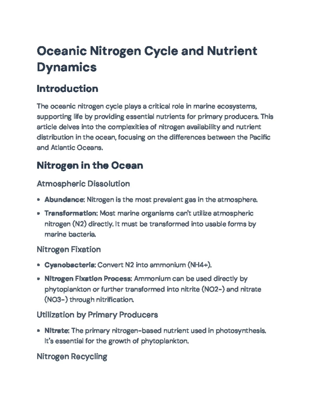 Oceanic Nitrogen Cycle & Nutrient Dynamics: Insights for Marine ...