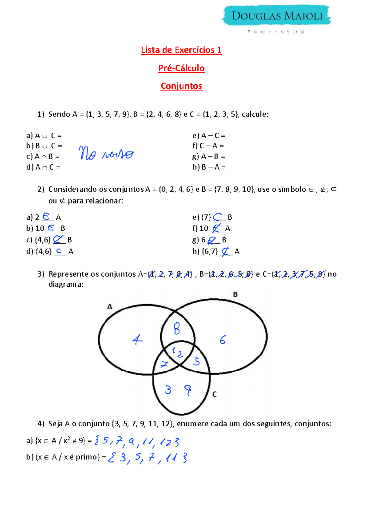 Lista 1 de Exercícios de Pré-Cálculo: Conjuntos - Studocu
