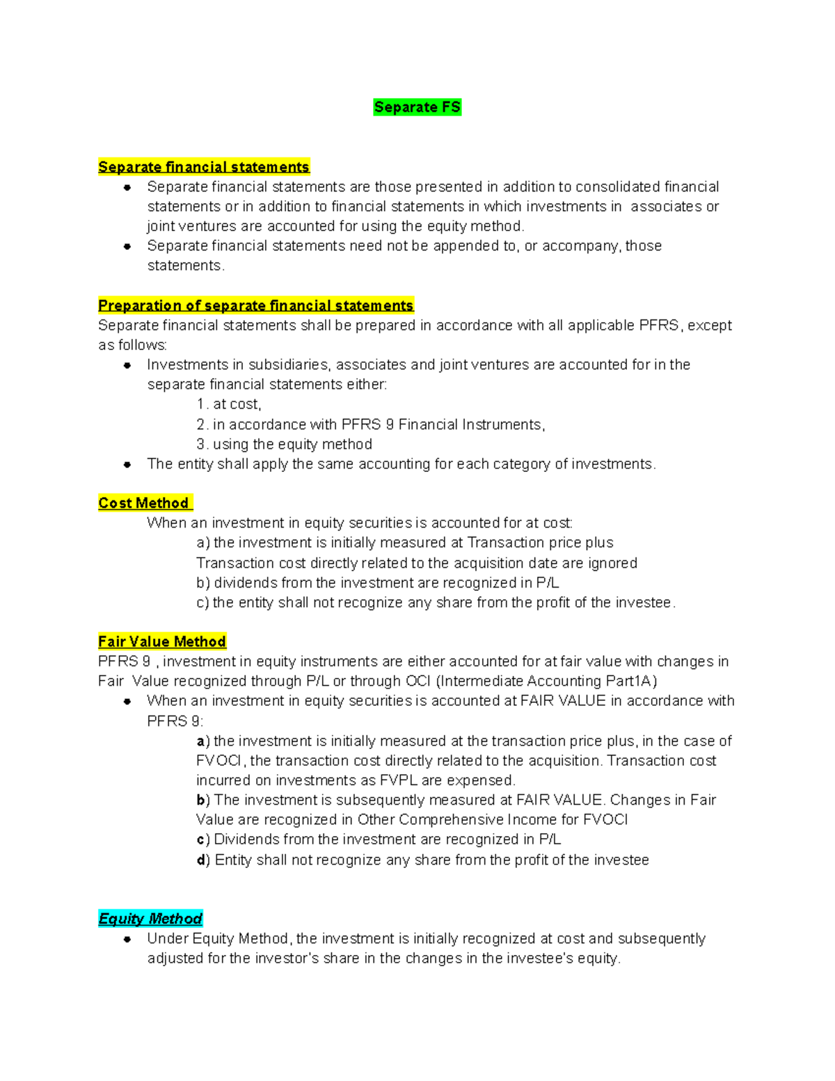 Separate FS: Preparation and Methods for Financial Statements - Studocu