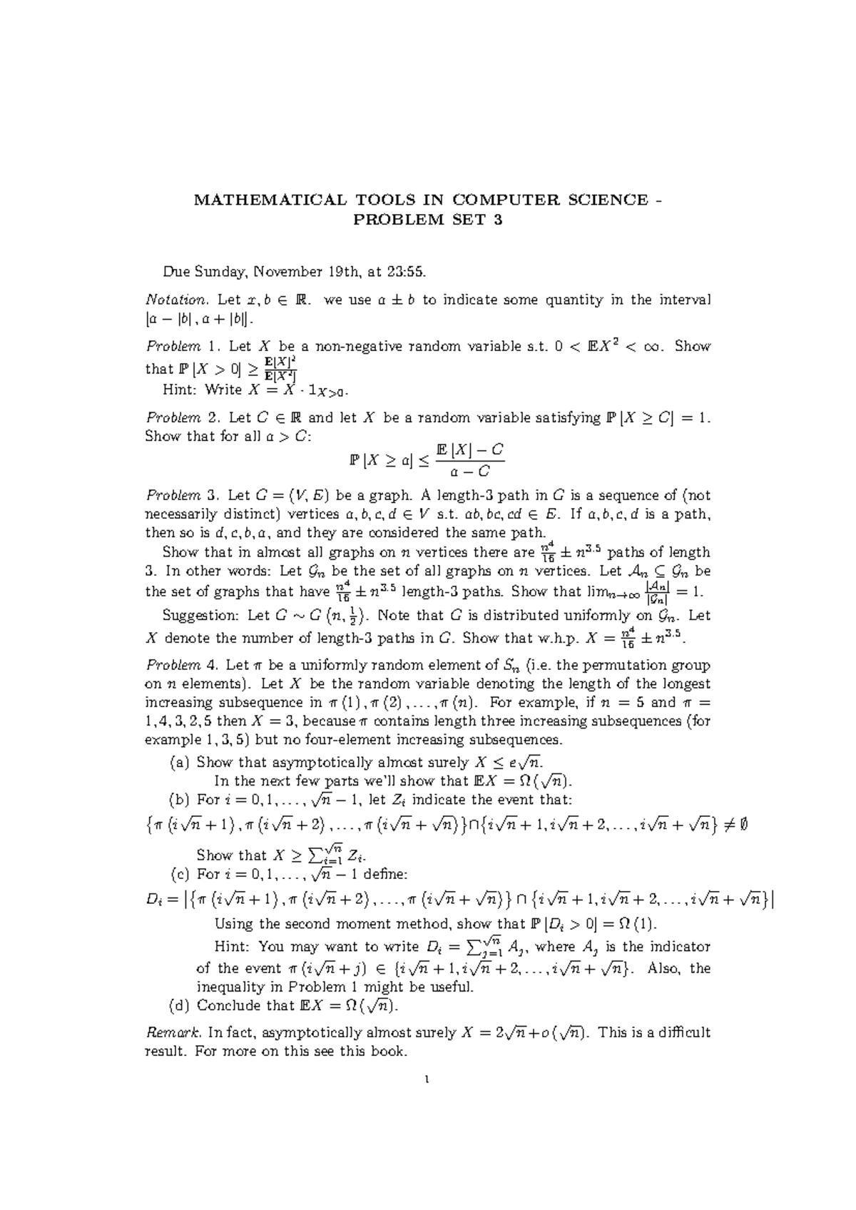 MATHEMATICAL TOOLS IN CS - PROBLEM SET 3 (Due Nov 19) - Studocu